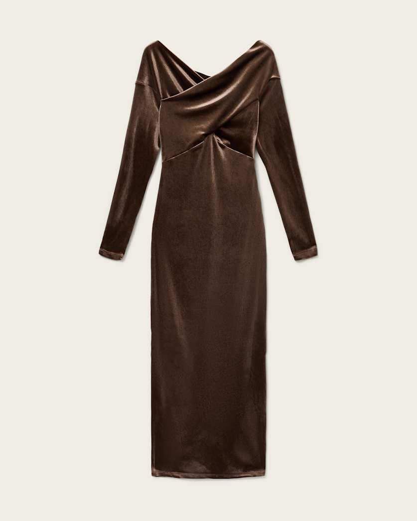 Delta Velvet Midi Dress Bitter Brown | ALLSAINTS